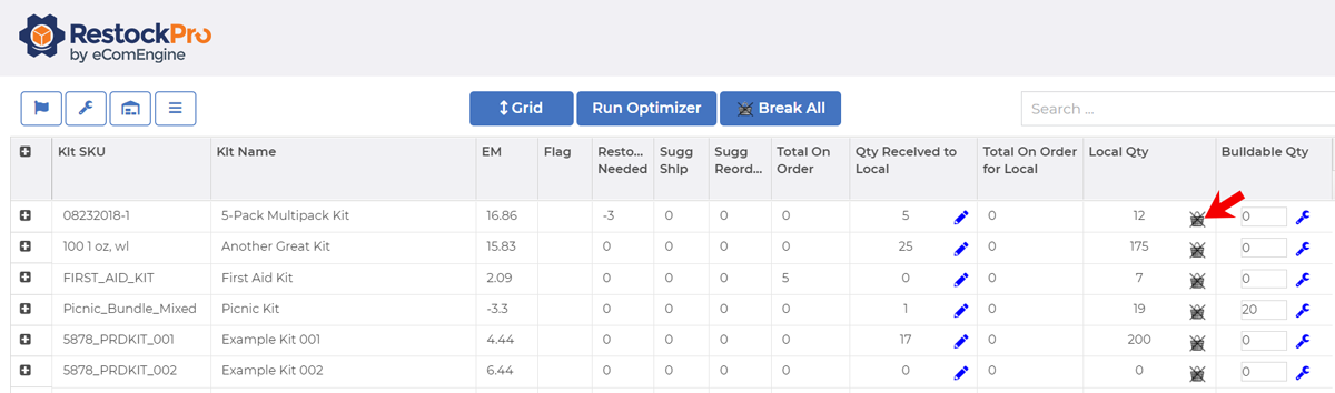 How do I build, break, and edit kits in RestockPro?