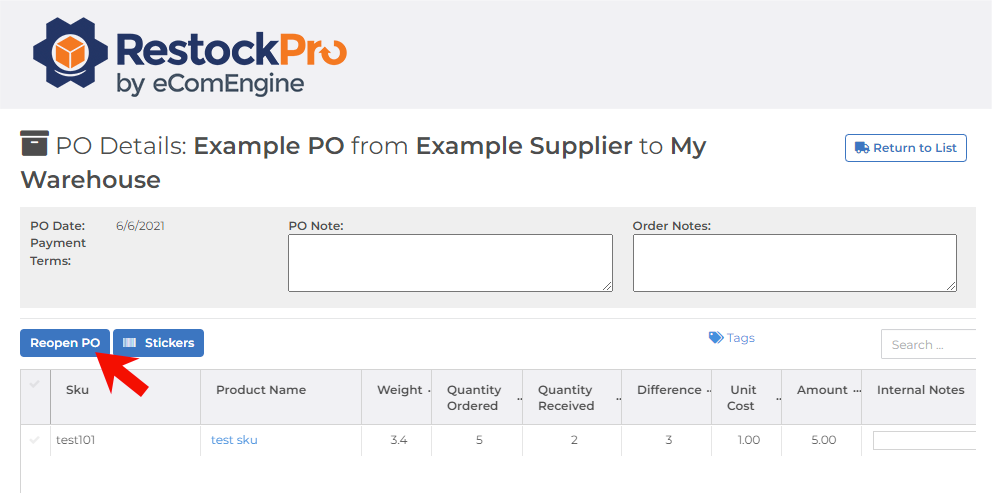 How can I reopen a PO in RestockPro?