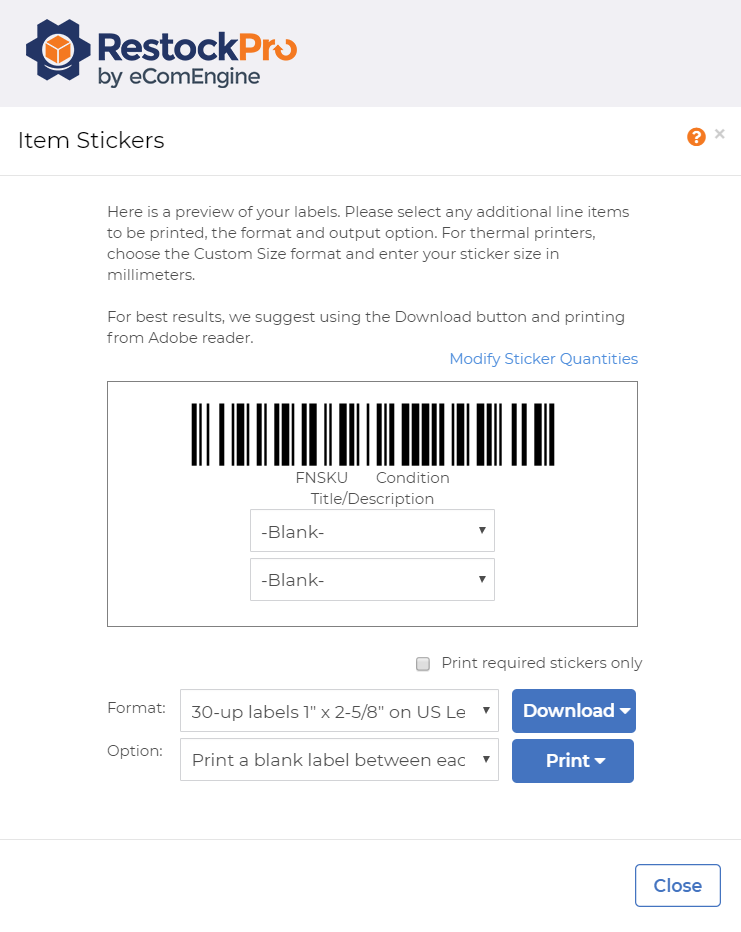 How do I customize and print item stickers in RestockPro?